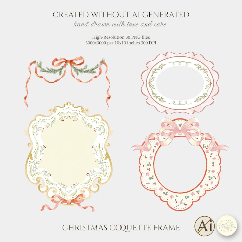 Coquette Frame, Ribbon Bow, Hand Painted, PNG File, Christmas Frame, Invitation Clipart ...