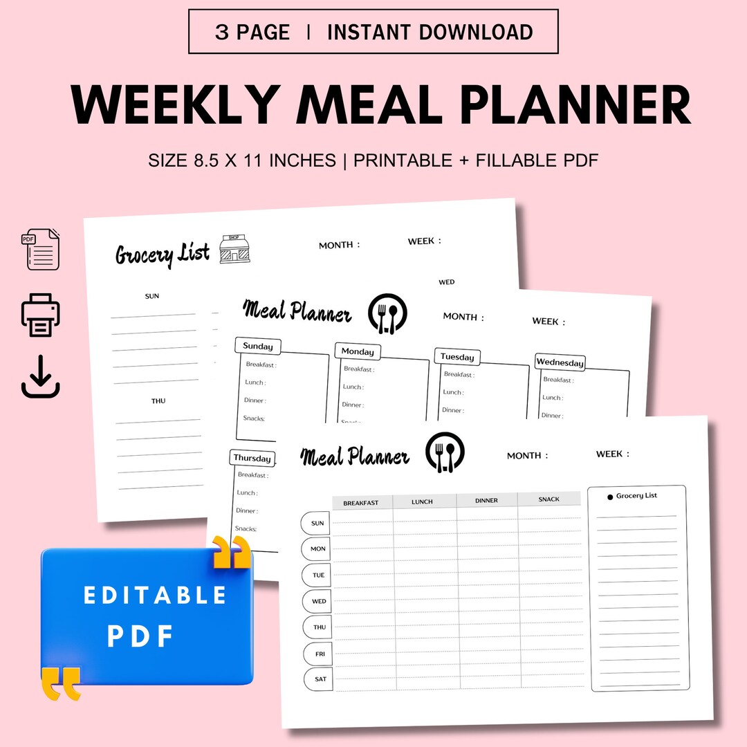 Printable Weekly Meal Planner Landscape, Weekly Food Diary, Meal Prep ...