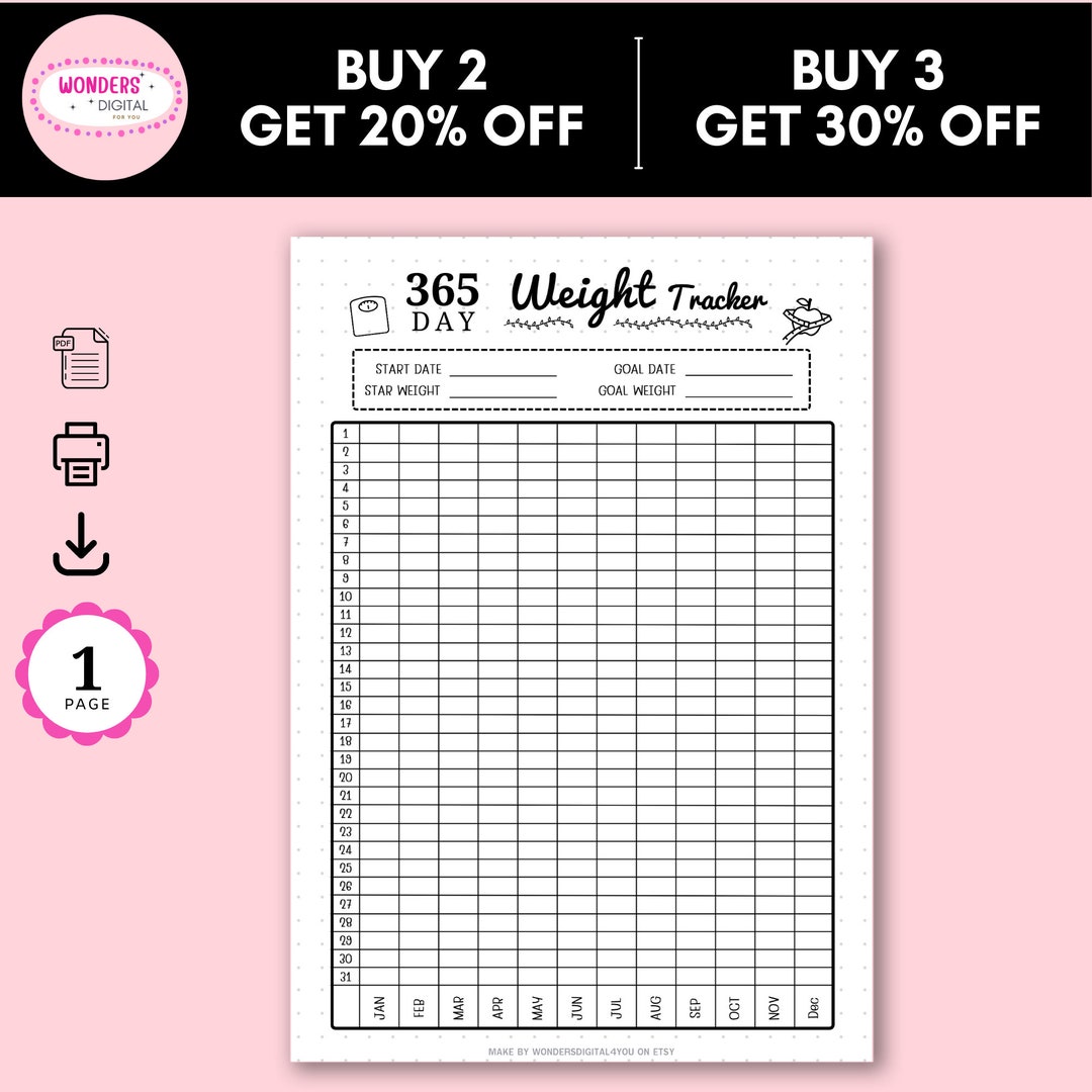 365 Day Weight Tracker Printable & Fillable, A5 Journal Page, PRINTABLE ...