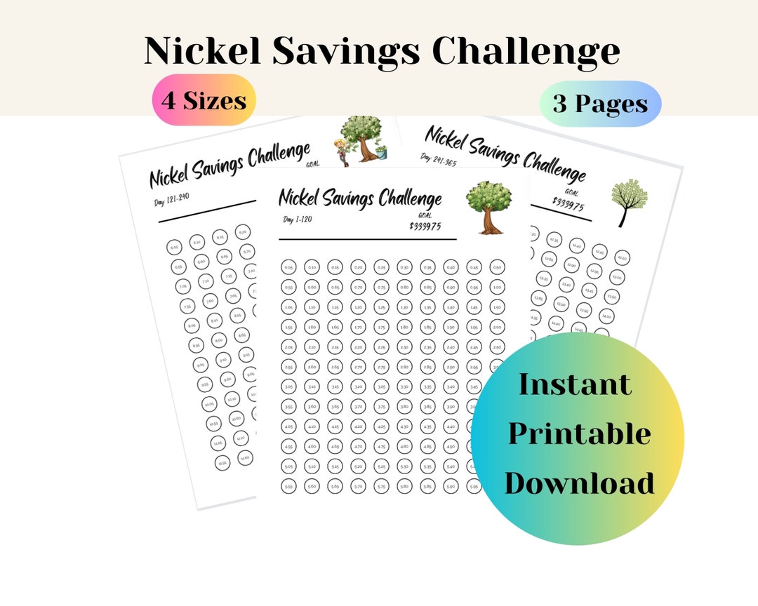 Nickel Savings Challenge Tracker Printable, Save 3339 in One Year, US ...