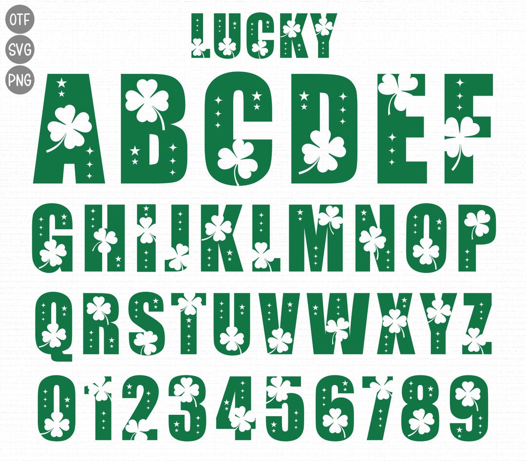 Lucky Font, St Patrick Clover Alphabet SVG OTF PNG, Shamrock Letters ...