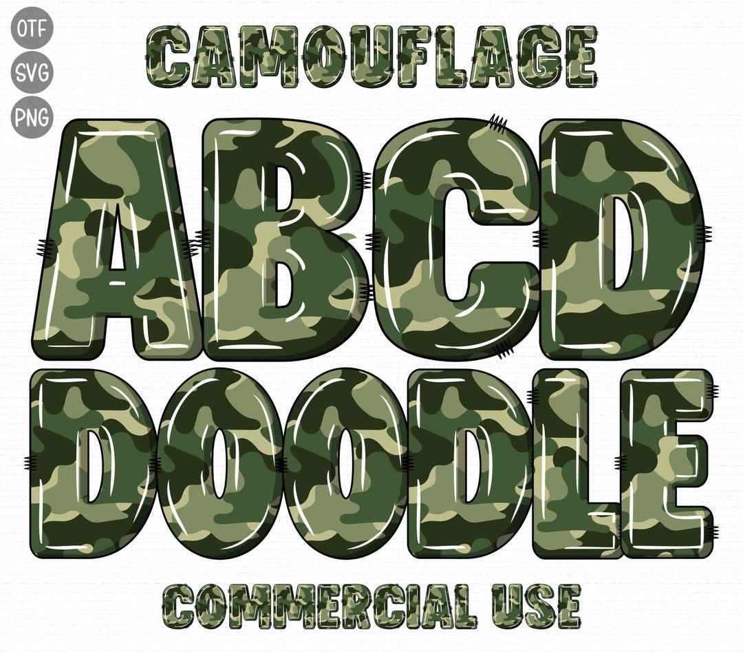 Camouflage Doodle Font, Camo Alphabet (SVG, PNG, OTF) Digital Download ...