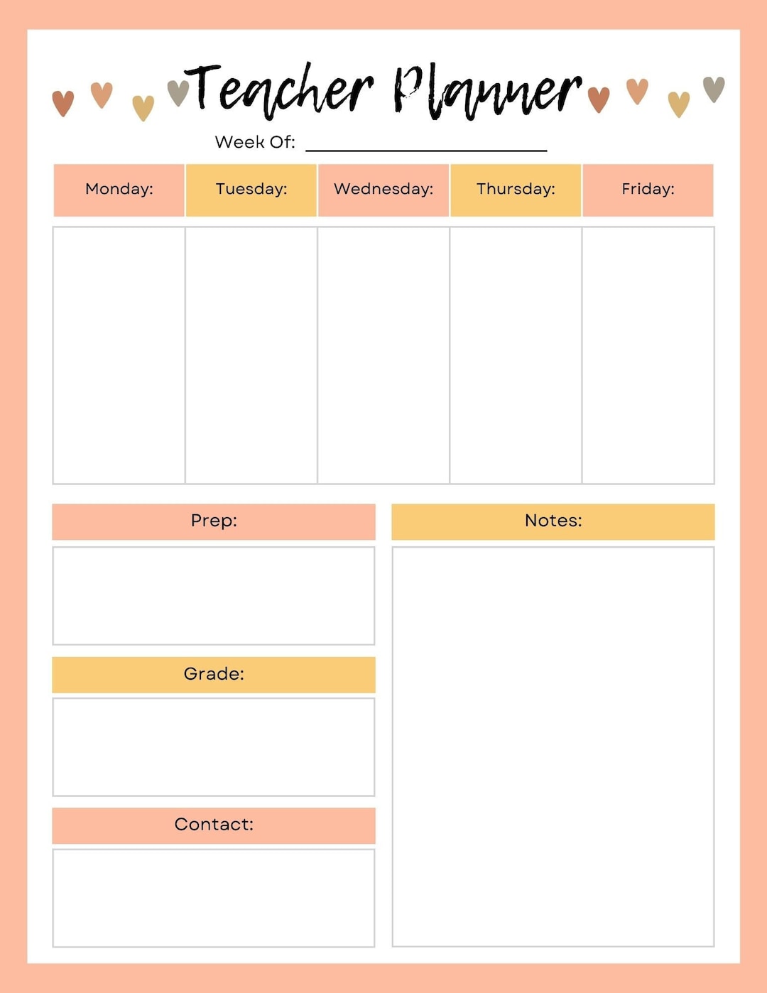Teacher Weekly Planner Page, Education, Organization, Digital Download ...