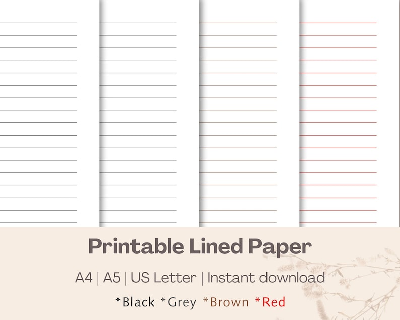 Printable Lined Paper – 12mm Spacing – A4 A5 US Letter – Black Grey ...