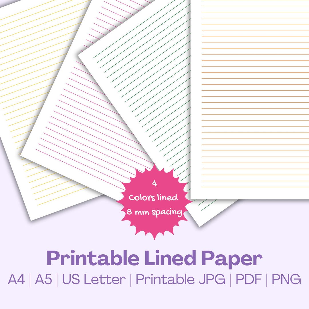 Printables Lined Paper, Writing Note Paper, | Yellow, Pink, Green ...