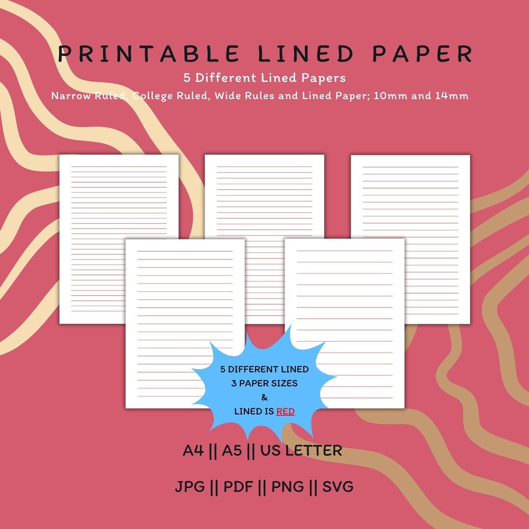 Printable Lined Paper Red Lines Narrow Ruled, College Ruled, Wide Ruled ...