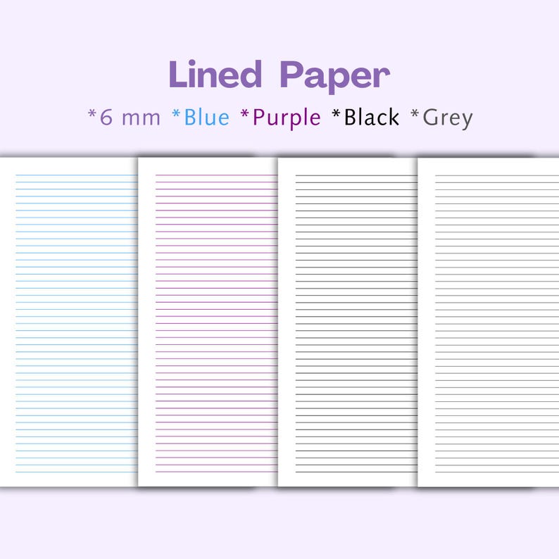 Printables Lined Paper, Writing Note Paper, | Blue, Purple, Black Grey ...
