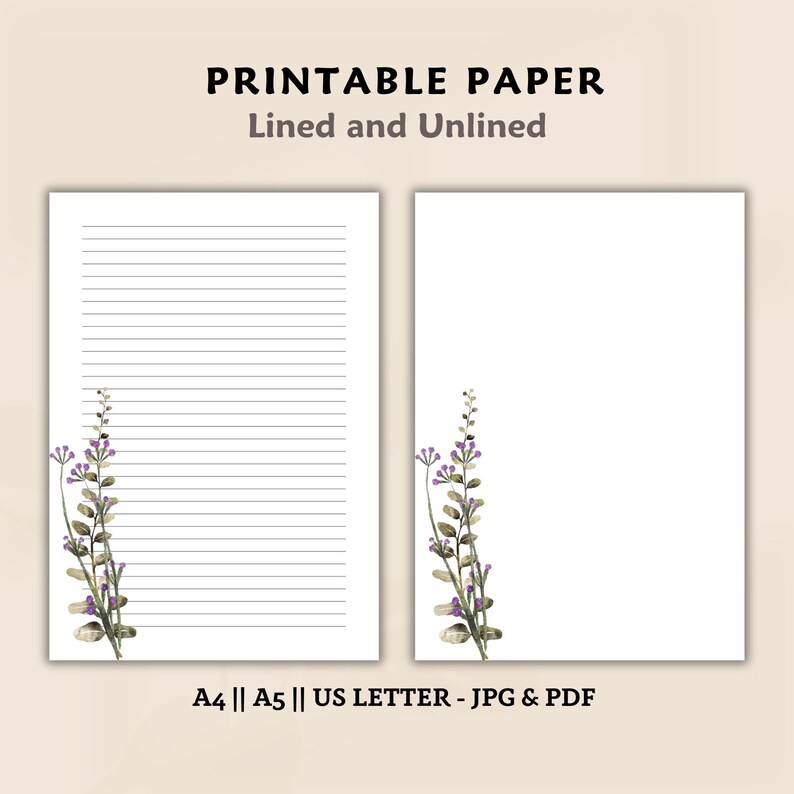 Flower Leaves Printable Stationery Lined Paper, Printable Writing Paper ...