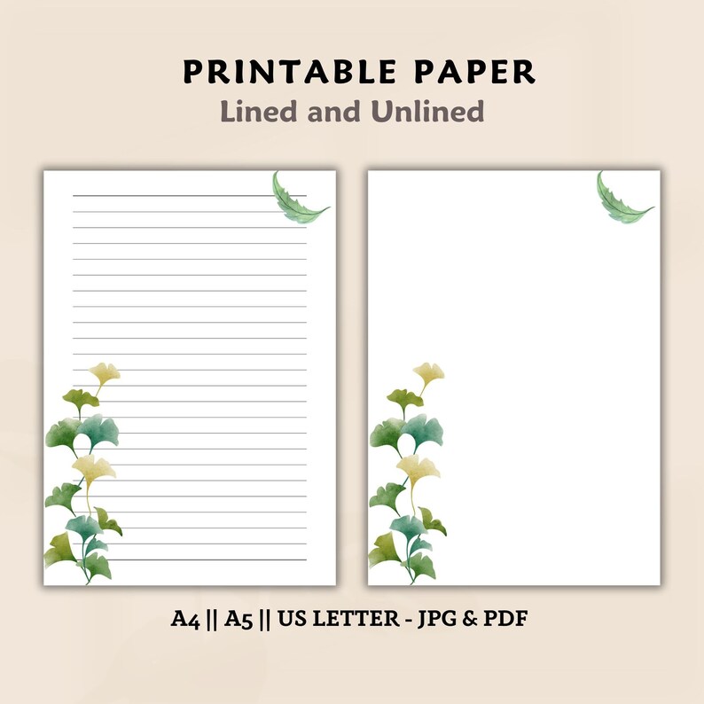 Printable Leaf Paper: Elegant Lined and Unlined Designs for Writing ...