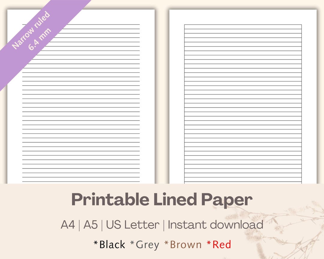 Printable Lined Paper 6.4mm | Narrow Ruled | Black, Grey, Brown, Red ...