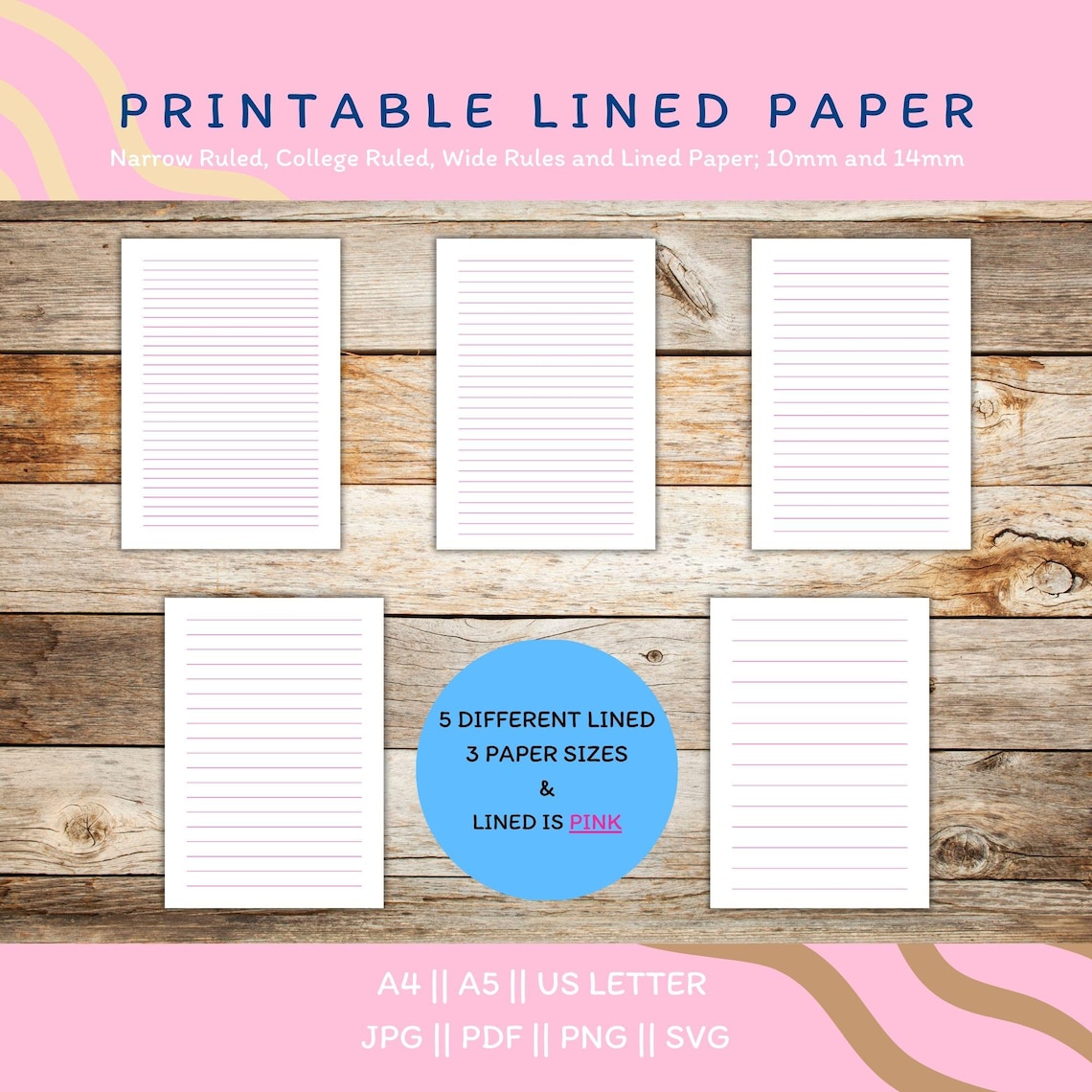Printable Lined Paper | Pink Lines | Narrow Ruled, College Ruled, Wide ...
