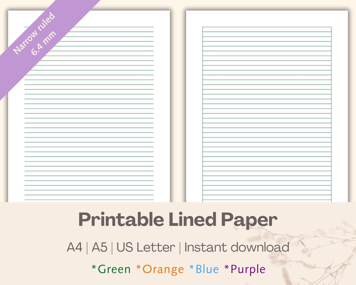 Printable Lined Paper 6.4mm | Narrow Ruled | Green, Orange, Blue ...
