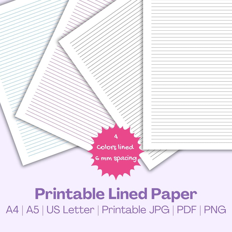 Printables Lined Paper, Writing Note Paper, | Blue, Purple, Black Grey ...