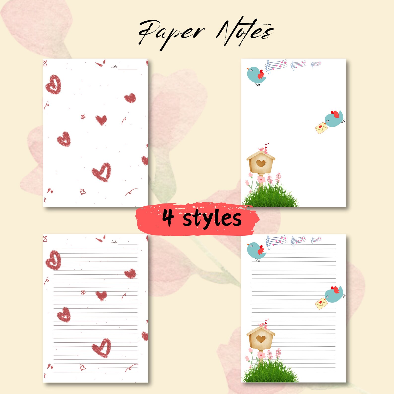 Printable Valentines Stationery, Love Writing Paper, Lined and Unlined ...