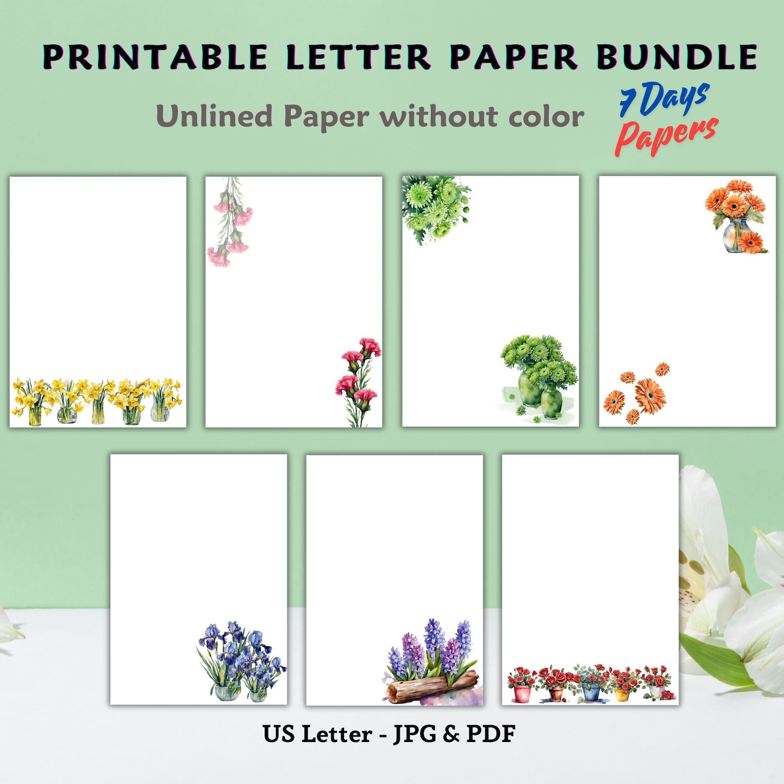 Floral Prints Paper Bundle Flower Prints Printable Stationery Digital ...