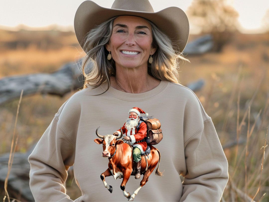 Santa Riding Cow, Cowboy, Western Christmas, PNG, Retro Vintage Rodeo ...