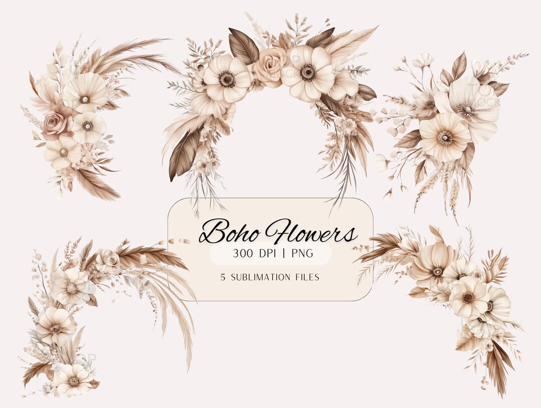Boho Flowers Clipart, Boho Floral Clipart, Boho Watercolor Flowers PNG ...