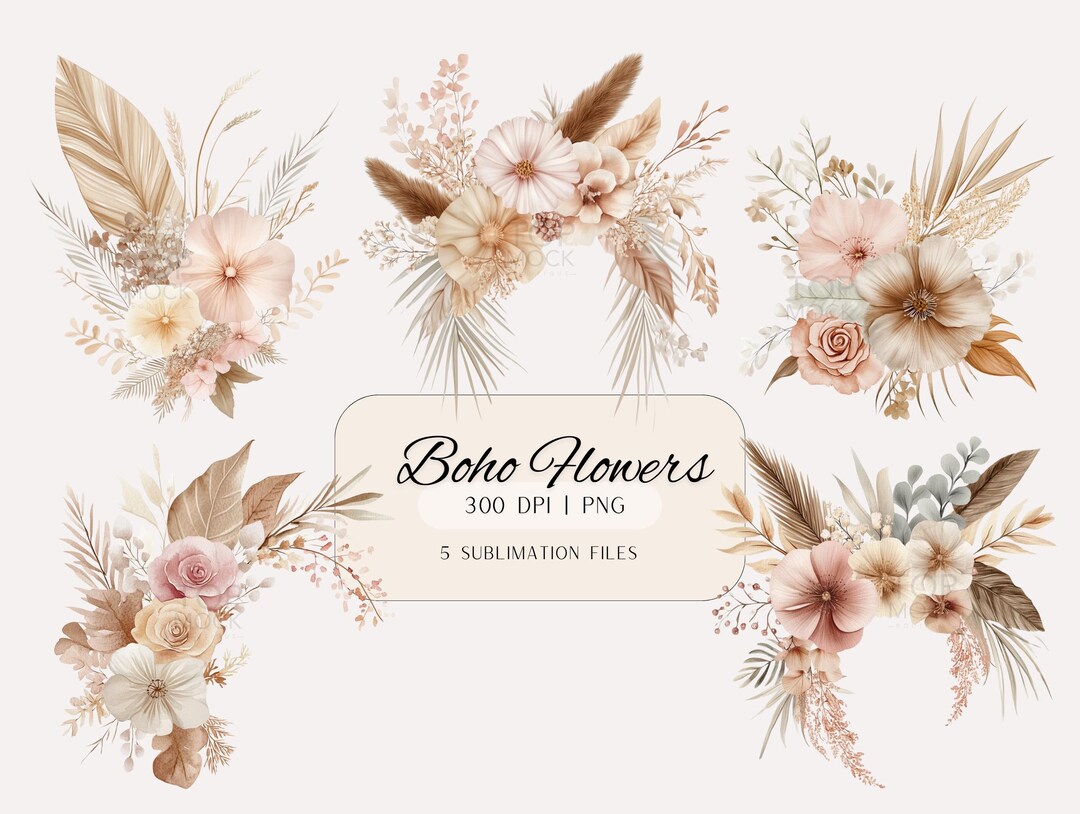 Boho Flowers Clipart, Boho Floral Clipart, Boho Watercolor Flowers PNG ...