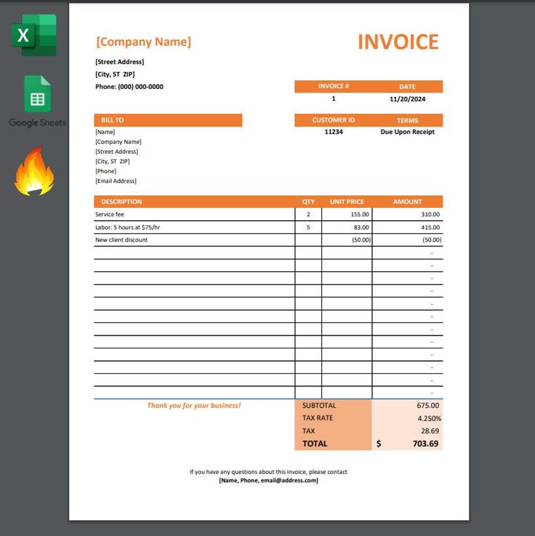 Basic, Easy to Use, Invoice Template (excel or Google Sheets). Excel ...