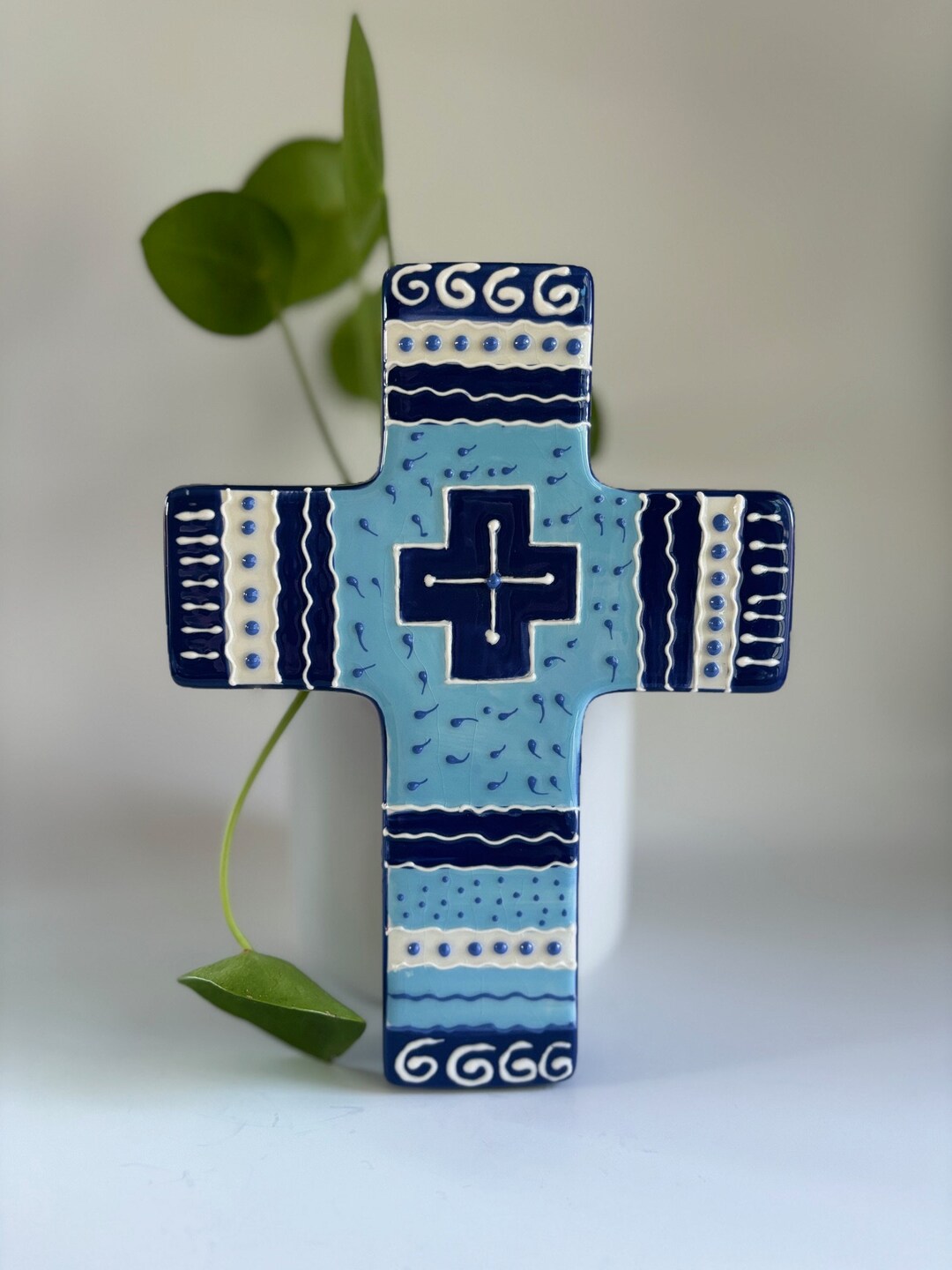 Vintage Ceramic Wall Cross by Chris Bubany Blue Painted Glazed Crucifix ...
