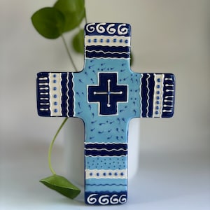 Vintage Ceramic Wall Cross by Chris Bubany Blue Painted Glazed Crucifix ...