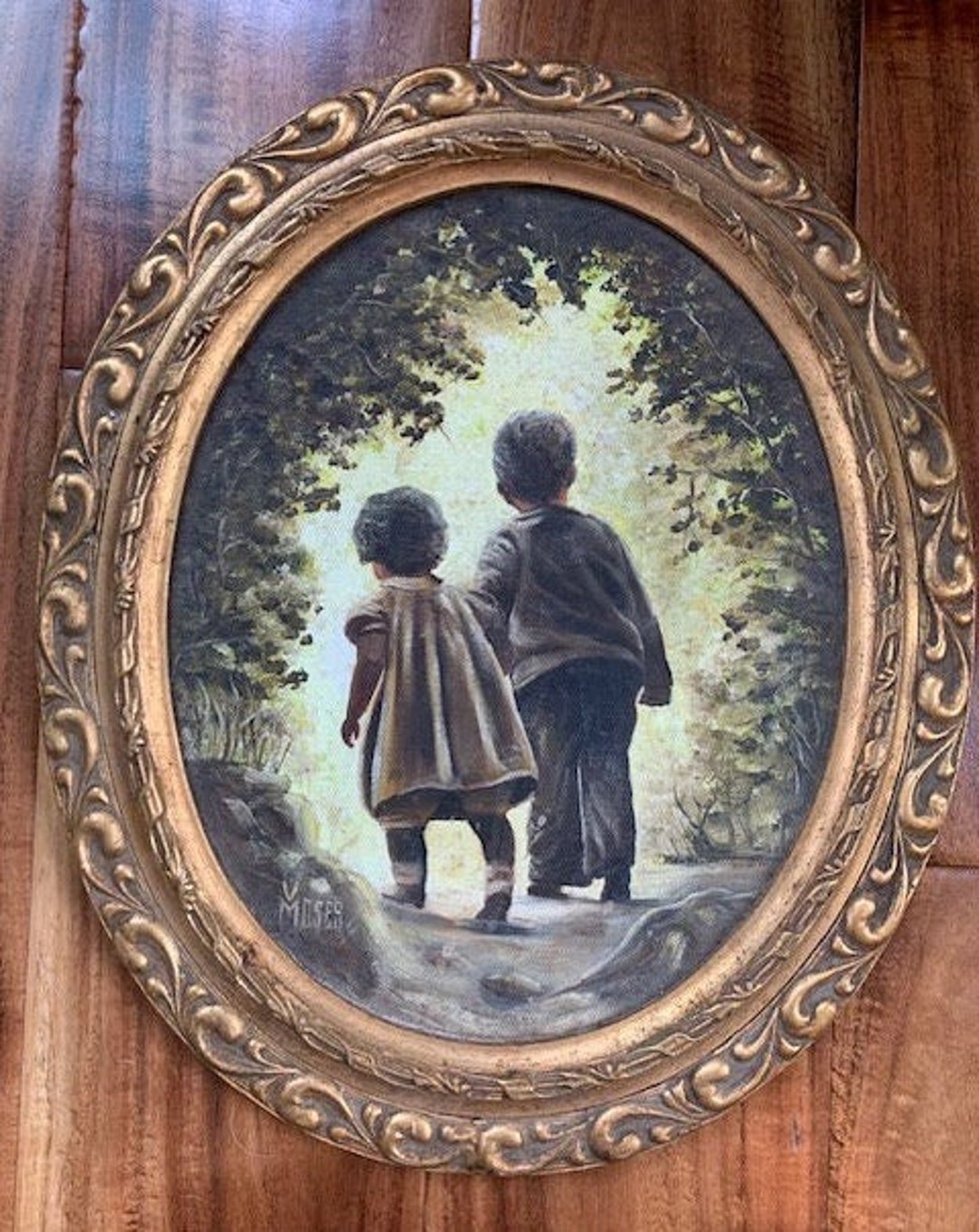 Circa 1950s V Moses Oil Painting Two Children Walking Down A - Etsy
