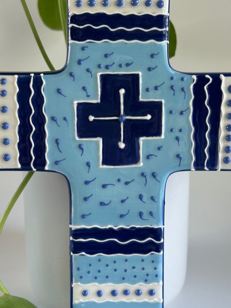 Vintage Ceramic Wall Cross by Chris Bubany Blue Painted Glazed Crucifix ...