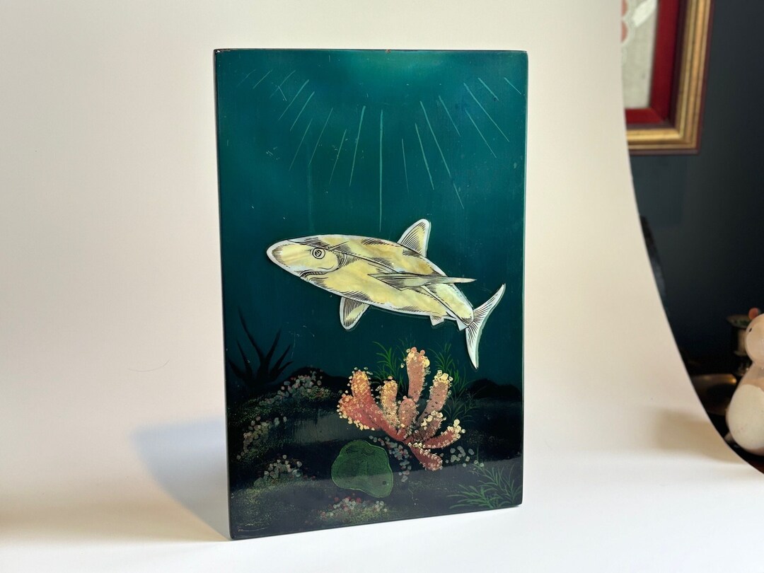 Vintage Mother of Pear Shark Inlay Kelp Underwater Painting Laquer Wall ...