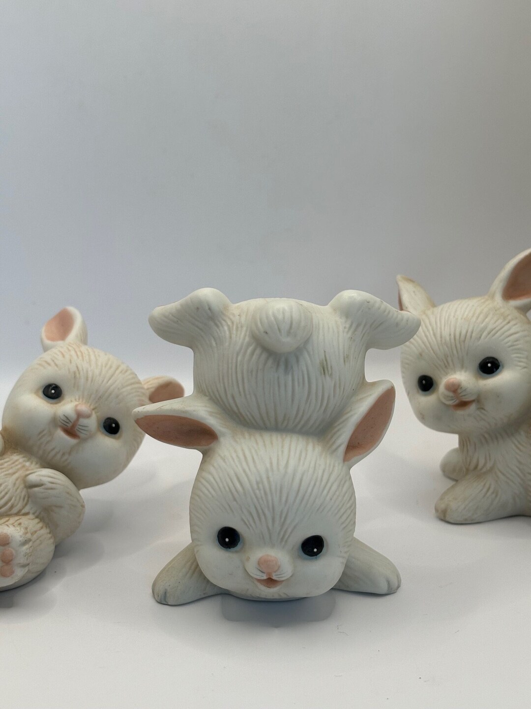 Set of 3 Homco Tumbling Bunny Rabbits White With Pink Feet, Noses, and ...