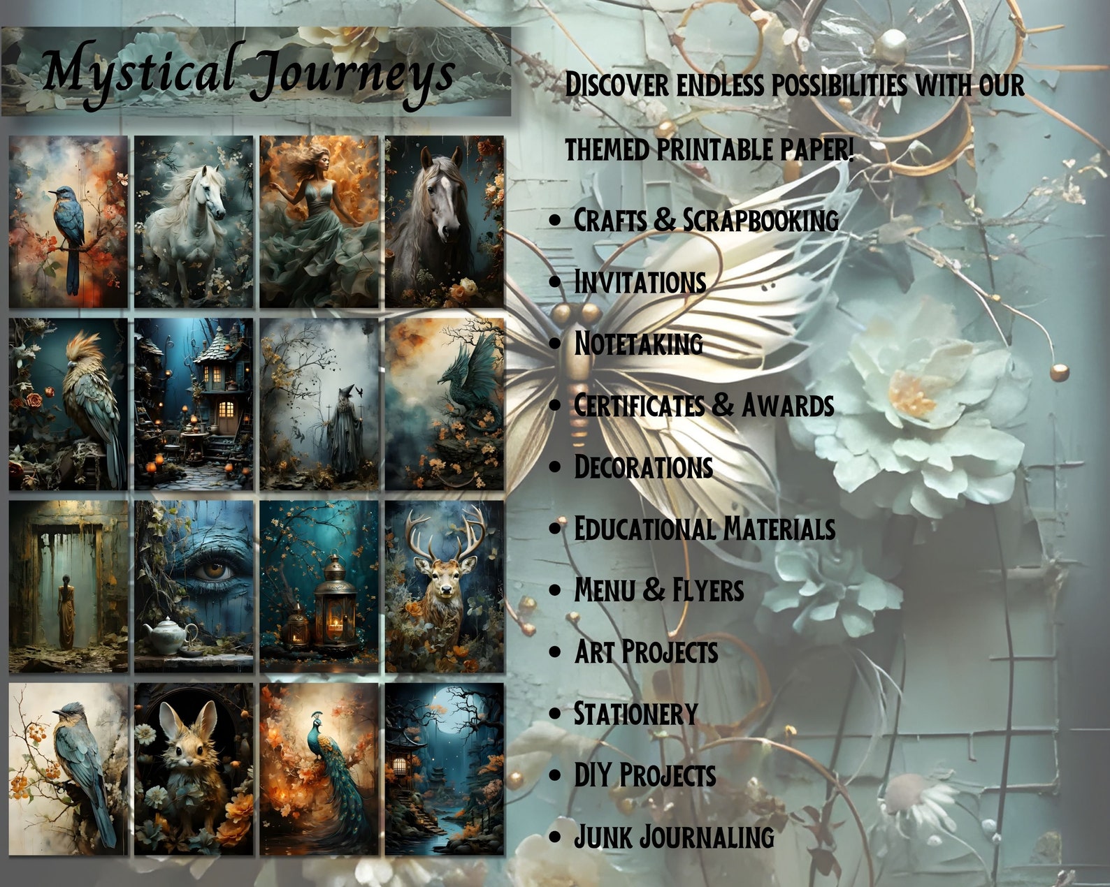 Mythical Creatures Junk Journal Paper JPG, Mythical Ephemera Shabby ...