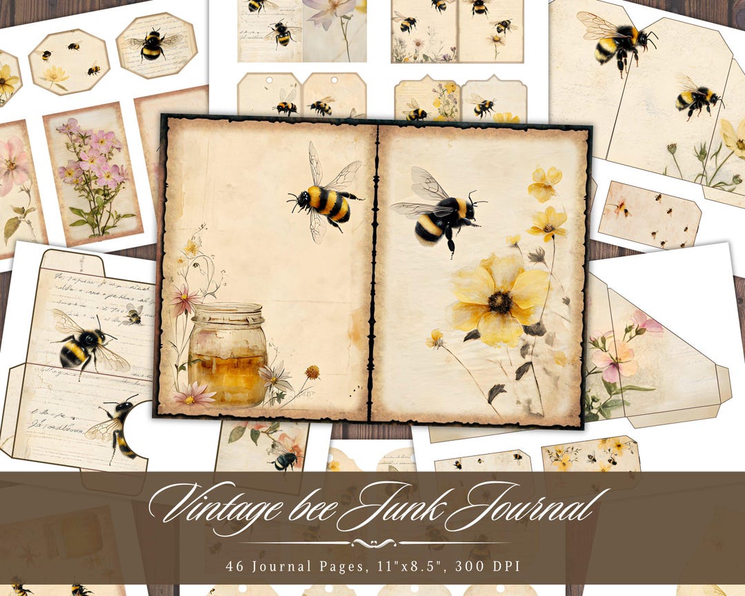 Vintage Bee Junk Journal Paper, Honey Bumble Bee Printable Ephemera ...
