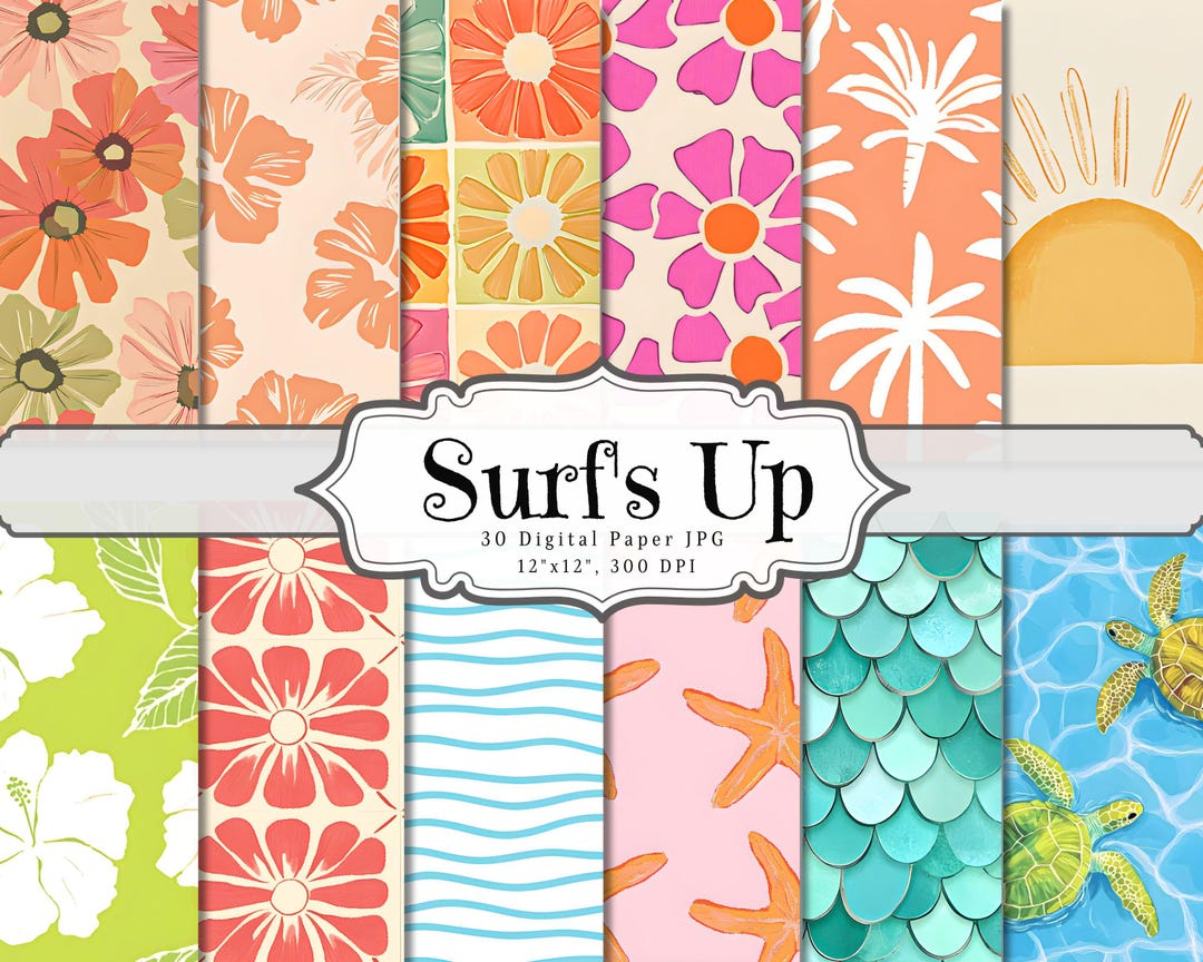 Surf's up Digital Paper, Shabby Chic Patterns Pages, Cute Surfing Waves ...