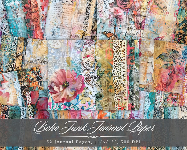 Boho Junk Journal Kit Paper, Distressed Abstract Bohemian Printable ...