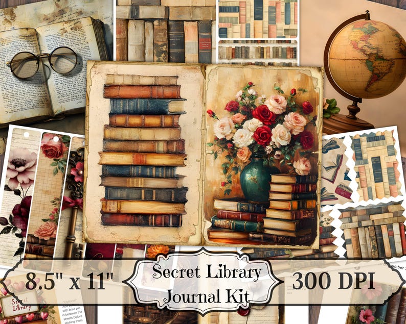 Secret Library Junk Journal, Reading Books Printable Ephemera Paper ...