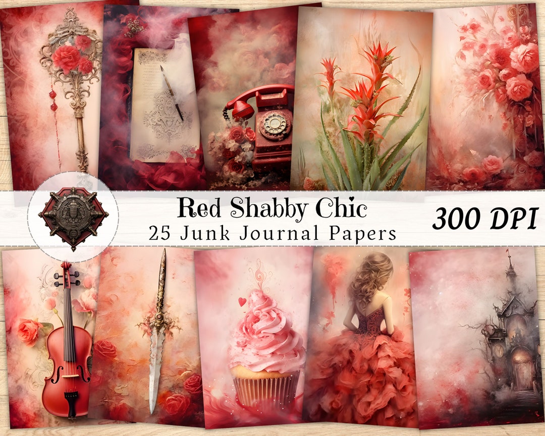 Vintage Red Journal Kit Paper, Shabby Chic Printable Collage Pages ...