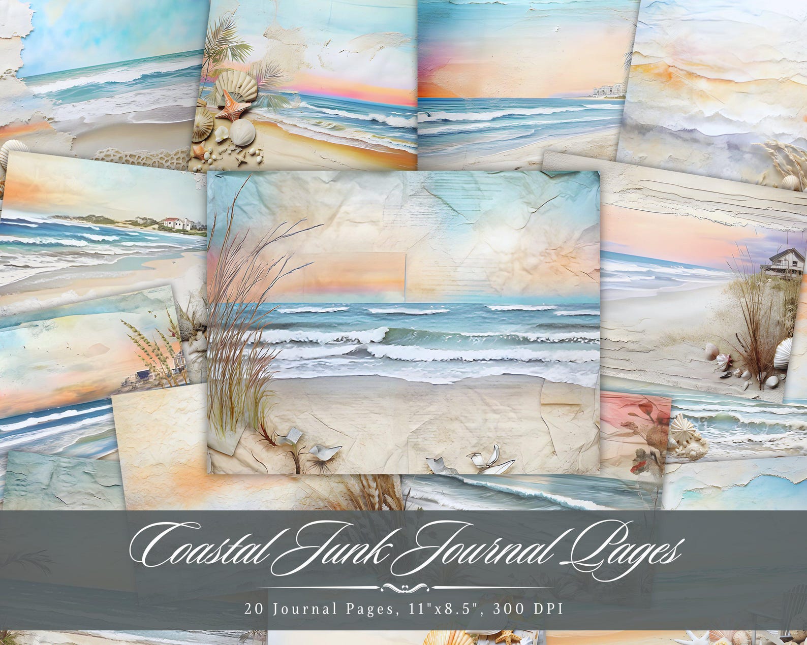 Coastal Junk Journal Pages, Beach Ocean Printable Ephemera, Sunset ...