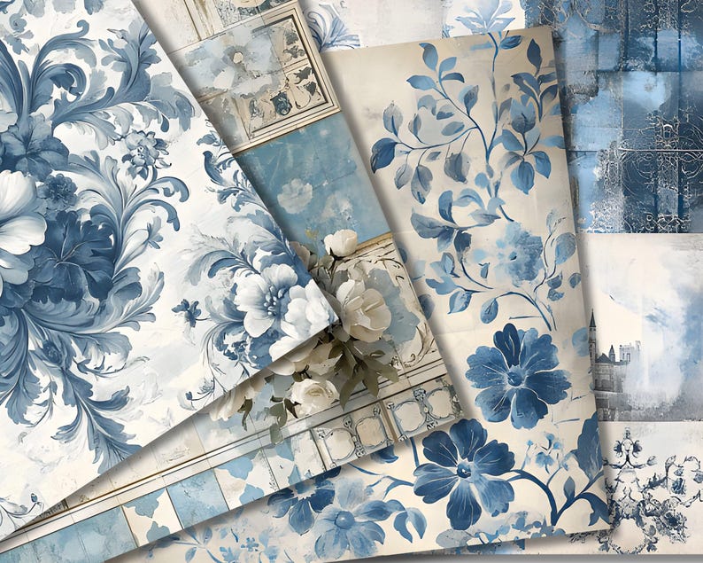 Blue Shabby Chic Digital Paper, Vintage Blue Flower Printable Ephemera ...