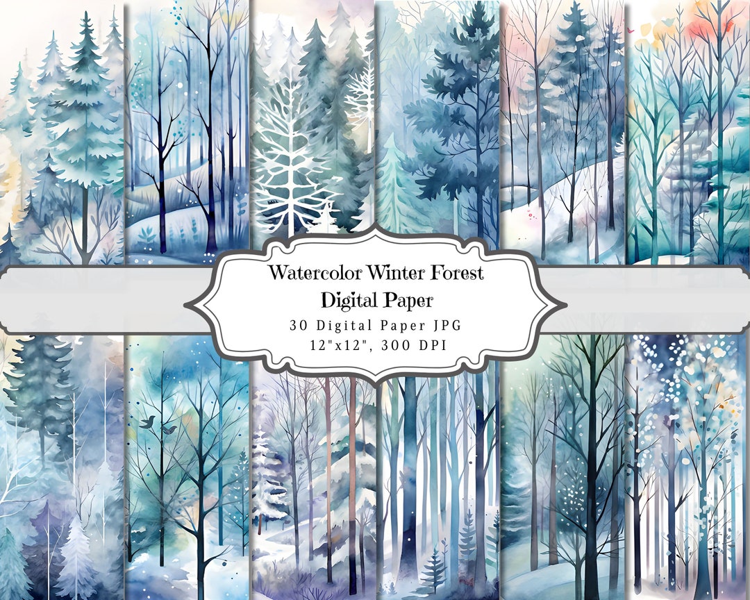 Watercolor Winter Forest Digital Paper, Cold Snow Woodland Scrapbook ...
