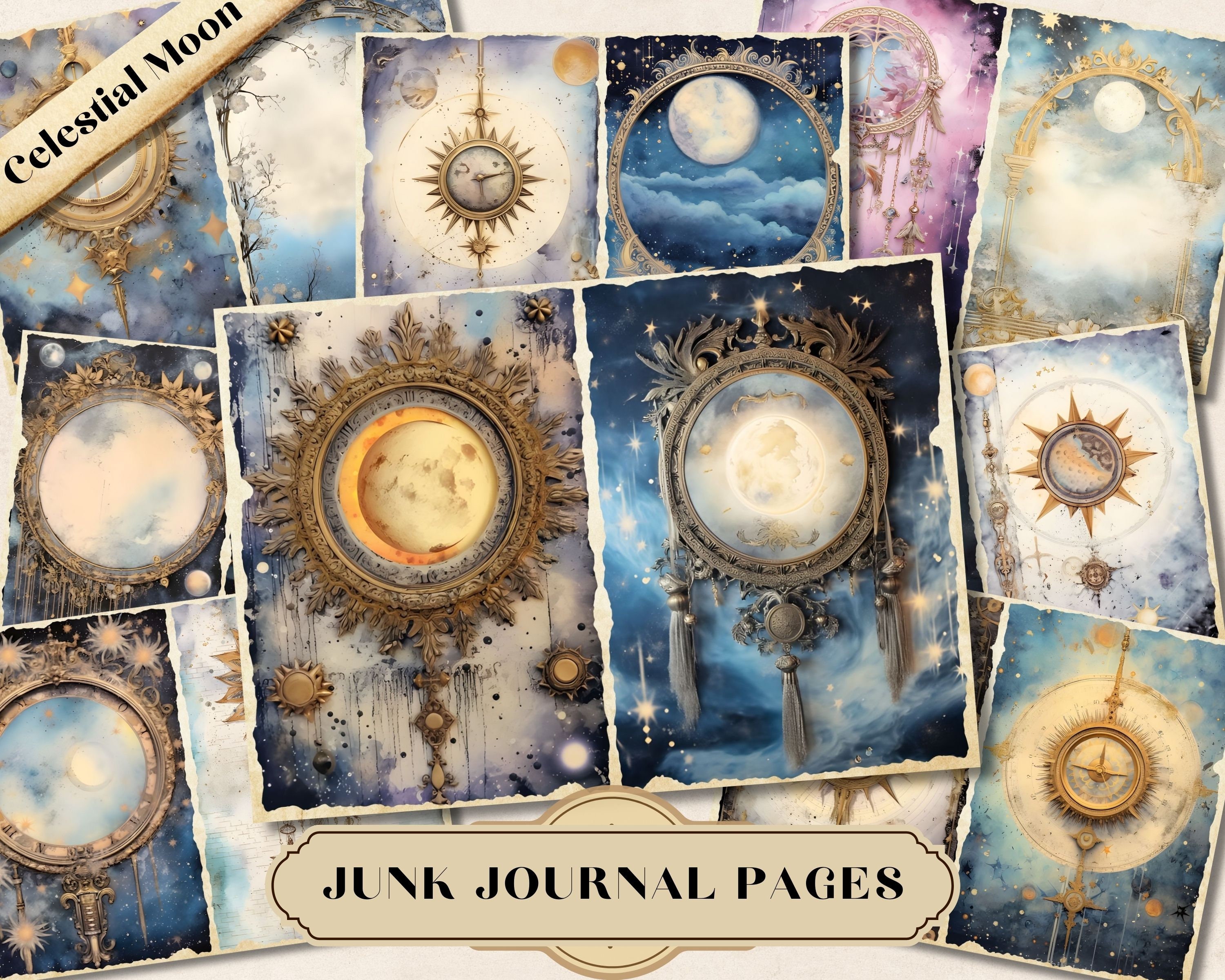 Celestial Moon Junk Journal Pages, Mixed Media, Journaling Kit, Night ...