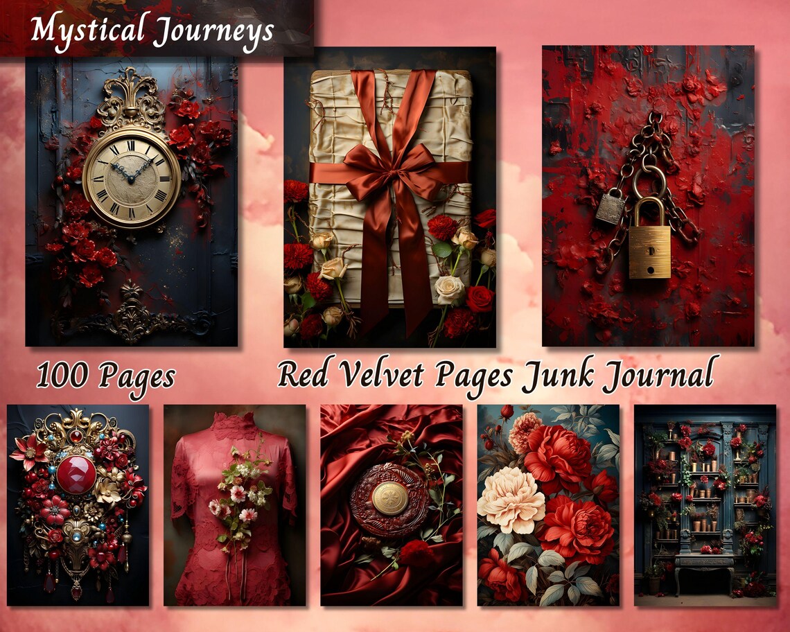 Red Velvet Junk Journal Paper, Watercolor Floral Printable Ephemera ...