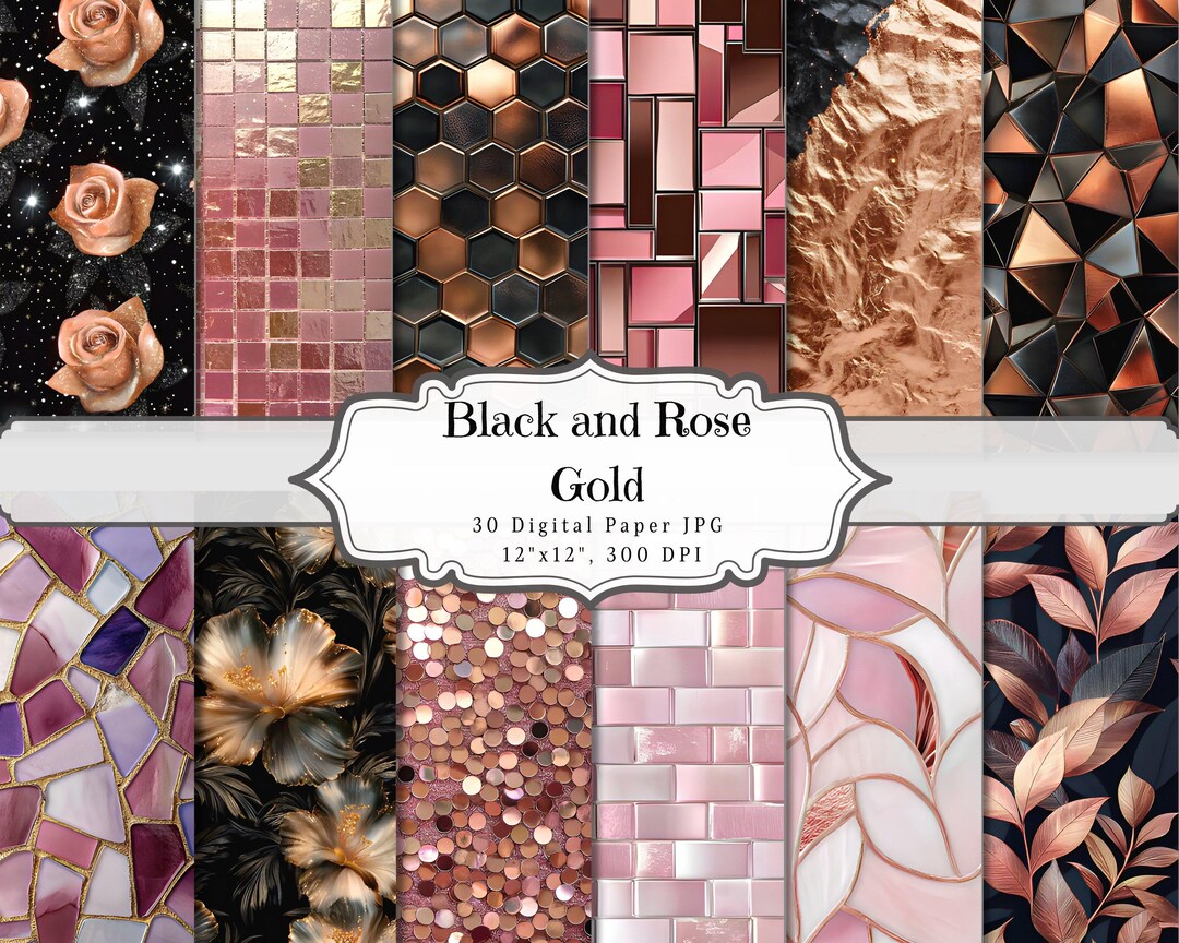 Black and Rose Gold Digital Paper, Printable Ephemera Pattern Pages ...