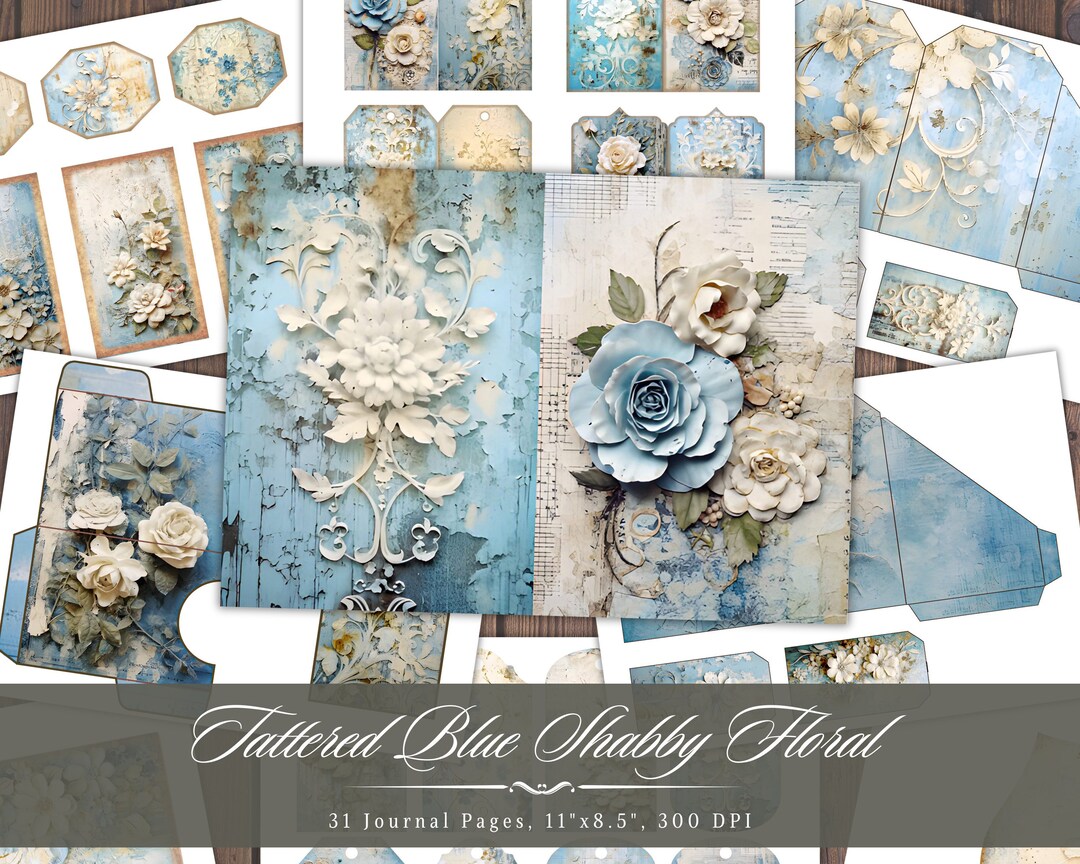 Tattered Blue Floral Junk Journal, Watercolor Shabby Chic Printable ...