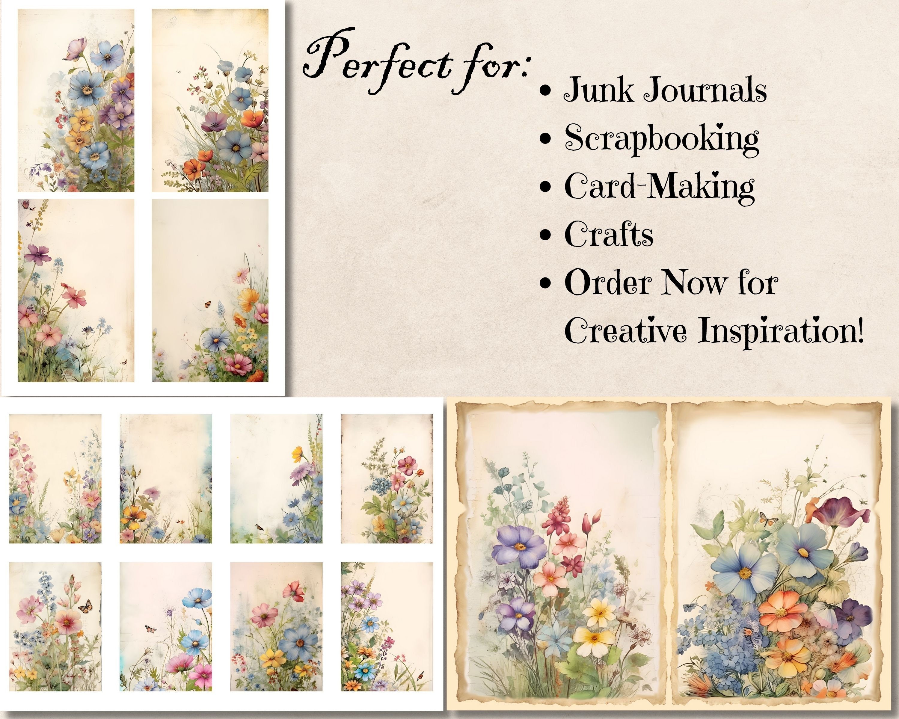 Wildflowers Junk Journal Pages JPG, Floral Journaling Paper Shabby Chic ...