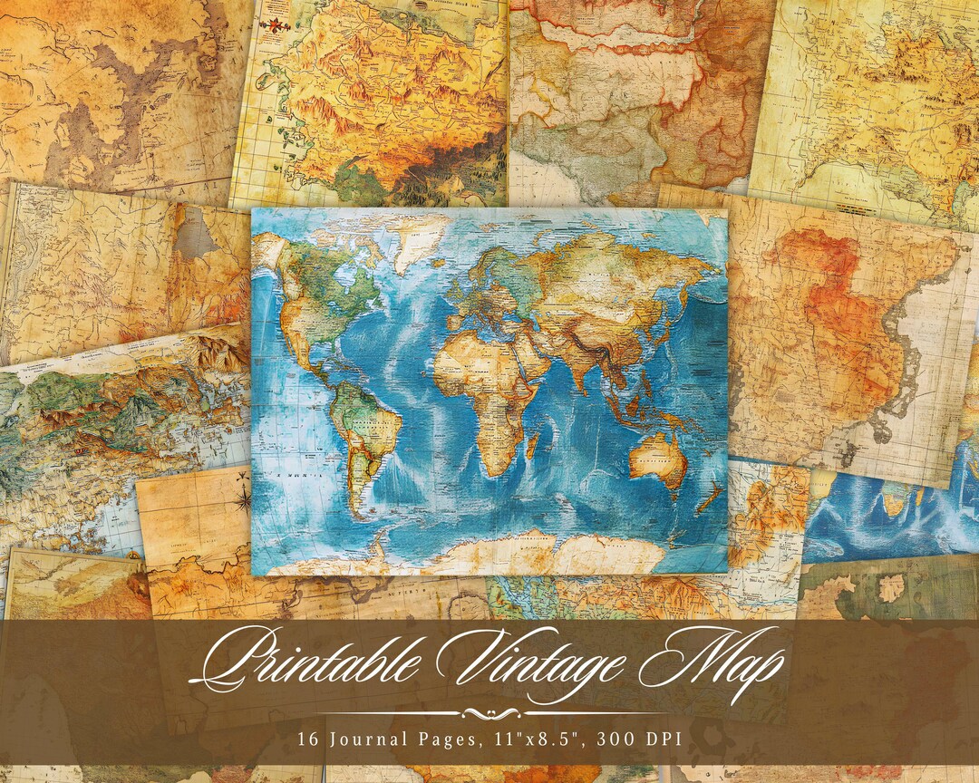 Digital Vintage Map Junk Journal, World Maps Printable Ephemera, Old ...