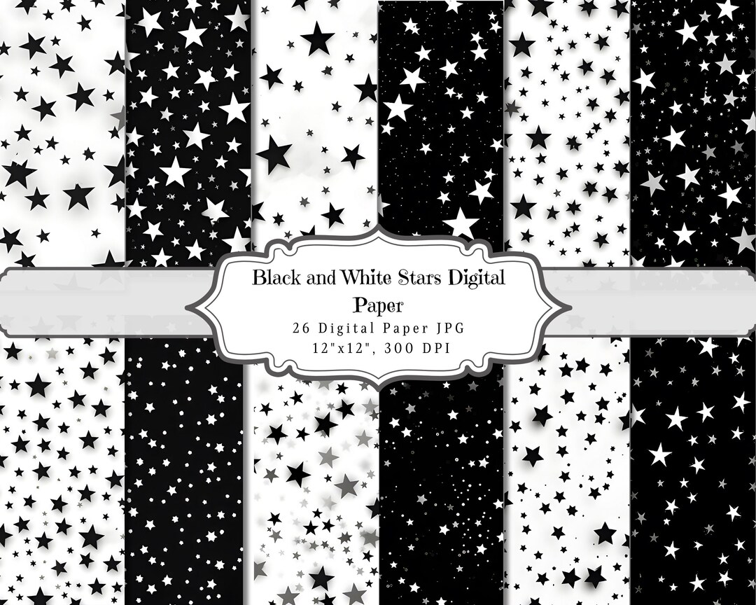 Black and White Stars Digital Paper, Space Star Junk Journal, Pattern ...