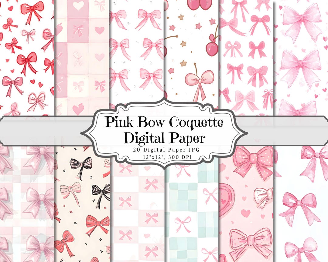 Pink Bow Coquette Digital Paper, Cute Shabby Chic Printable Ephemera ...