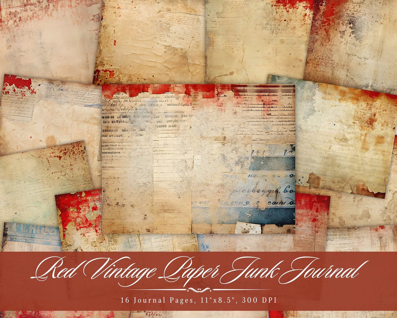Red Vintage Papers Junk Journal, Handwritten Letter Printable Ephemera ...