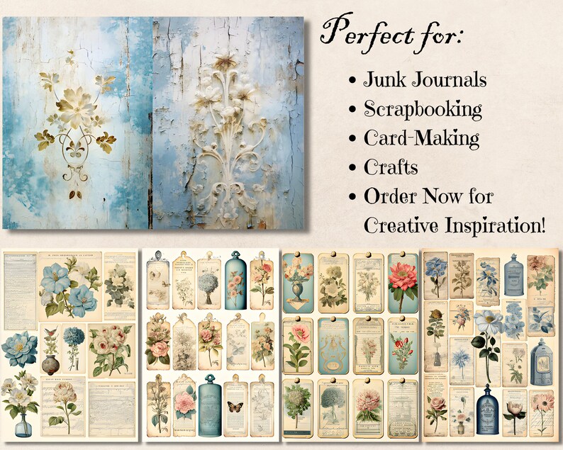 Tattered Blue Floral Junk Journal, Watercolor Shabby Chic Printable ...