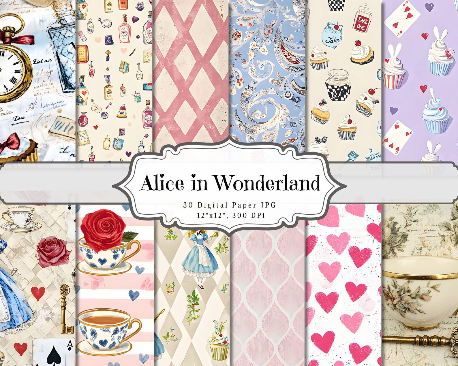 Alice in Wonderland Vintage Scrapbook Papers – Digital Paper Pack, 30 ...