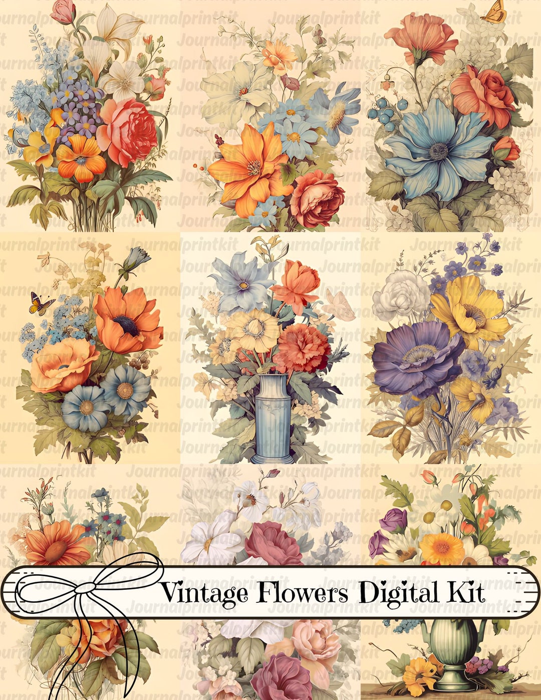 Vintage Flowers Digital Junk Journal Kit, Shabby Chic, Digital Mixed ...
